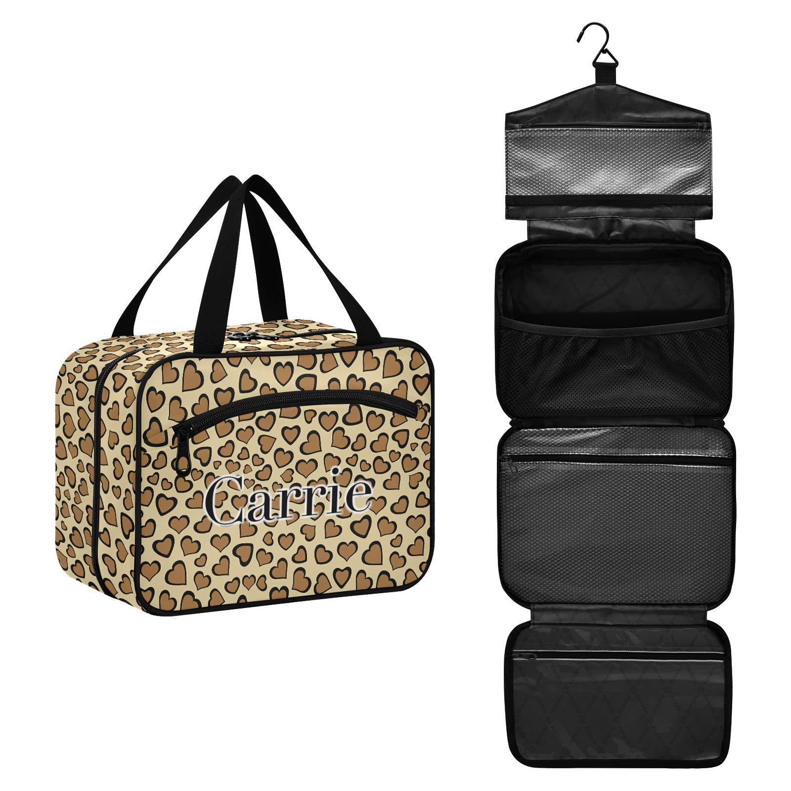 Vnurnrn Leopard Heart Personalized Large Travel Toiletry Bag for women Makeup Organizer Bag with Hanging Hook Shower Bag for Traveling Electric Shaver Brush
