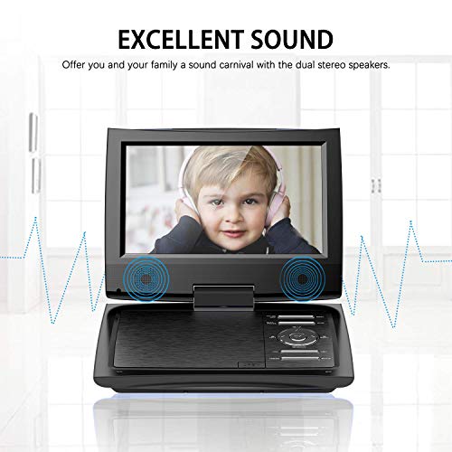 SUNPIN 11" Portable DVD Player for Car and Kids with 9.5 inch HD Swivel Screen, 5 Hour Rechargeable Battery, Dual Earphone Jack, Supports SD Card/USB/CD/DVD, with Extra Headrest Mount Case (Black)