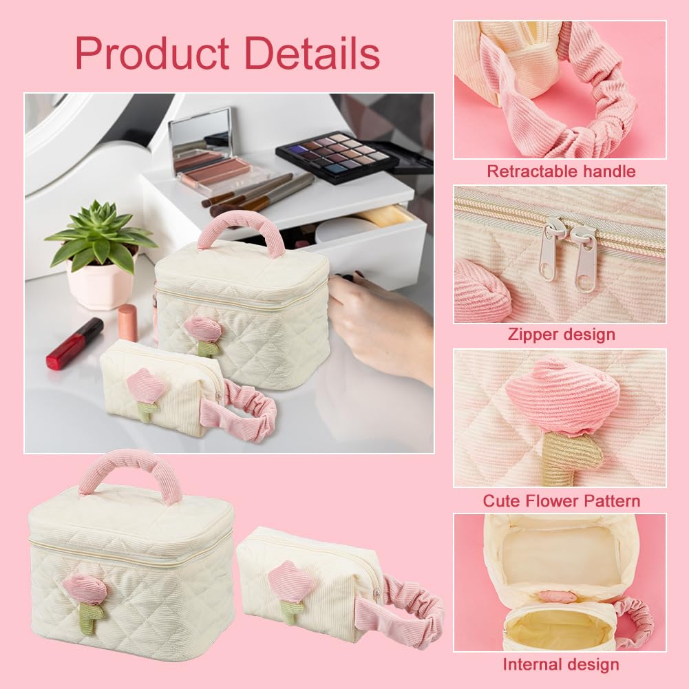 WADORN 2 Styles Portable Makeup Bag for Women, Corduroy Makeup Pouch Sets Travel Zipper Cosmetic Organizer Bag with Tulips Pattern Cute Quilted Cosmetic Pouch Toiletry Bag