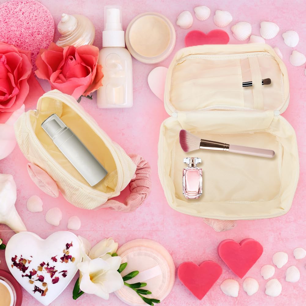 WADORN 2 Styles Portable Makeup Bag for Women, Corduroy Makeup Pouch Sets Travel Zipper Cosmetic Organizer Bag with Tulips Pattern Cute Quilted Cosmetic Pouch Toiletry Bag