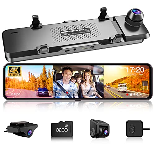 VVCAR 4K Mirror Dash Cam, 3 Channels Rear View Mirror Camera for Car, 11" Touch Screen, Waterproof Backup, Night Vision, Parking Assistance, G-Sensor, 32GB TF Card & GPS, USB Type-C