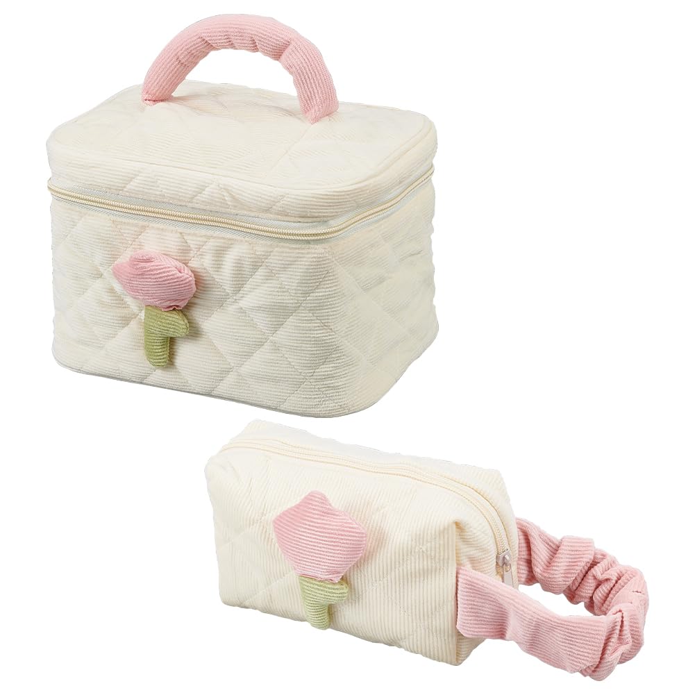 WADORN 2 Styles Portable Makeup Bag for Women, Corduroy Makeup Pouch Sets Travel Zipper Cosmetic Organizer Bag with Tulips Pattern Cute Quilted Cosmetic Pouch Toiletry Bag