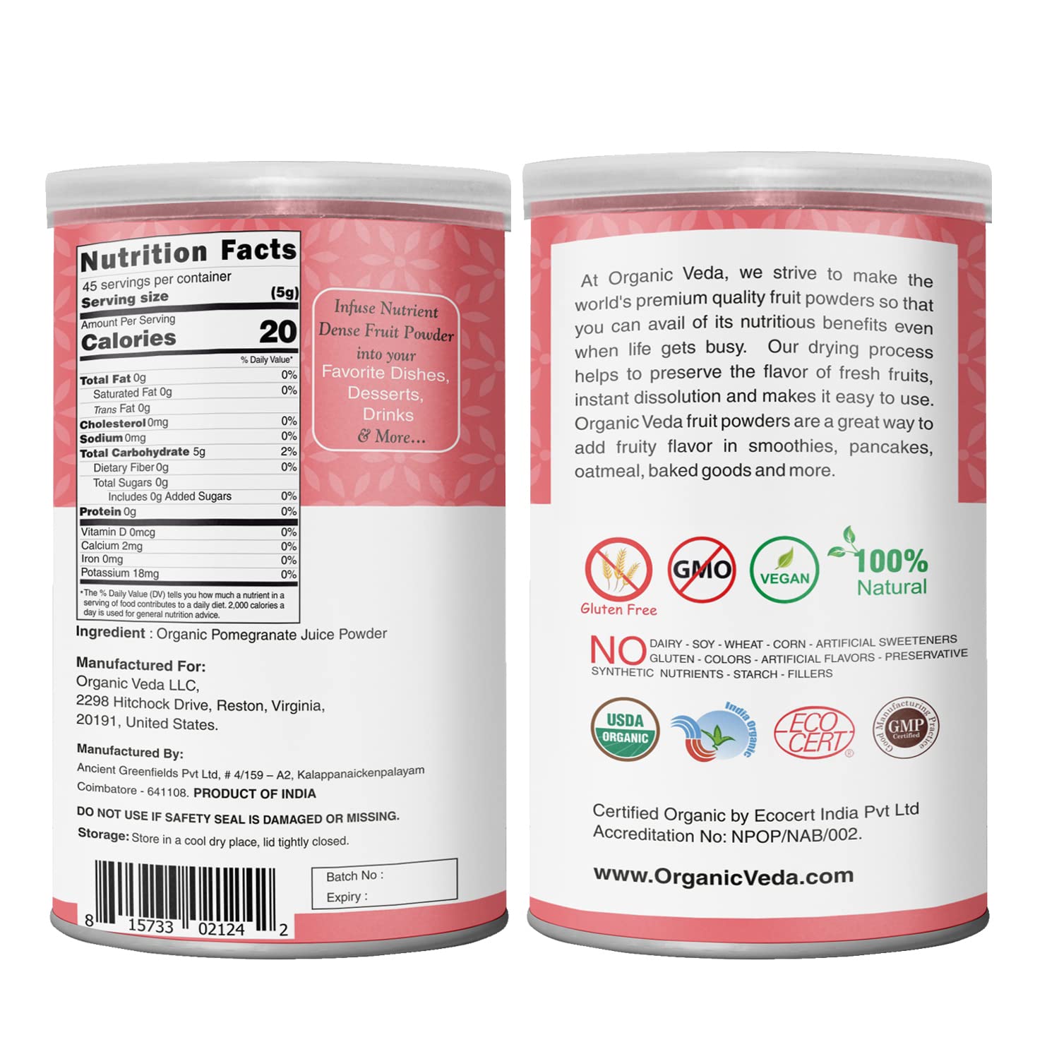 Organic Veda Pomegranate Juice Powder - Powdered Pomegranate Extract Rich in Vitamin C, Folate & Potassium - Pomegranate Concentrate For Salad, Yogurt, Ice Cream - Vegan, Non-GMO, Zero Gluten- 8oz