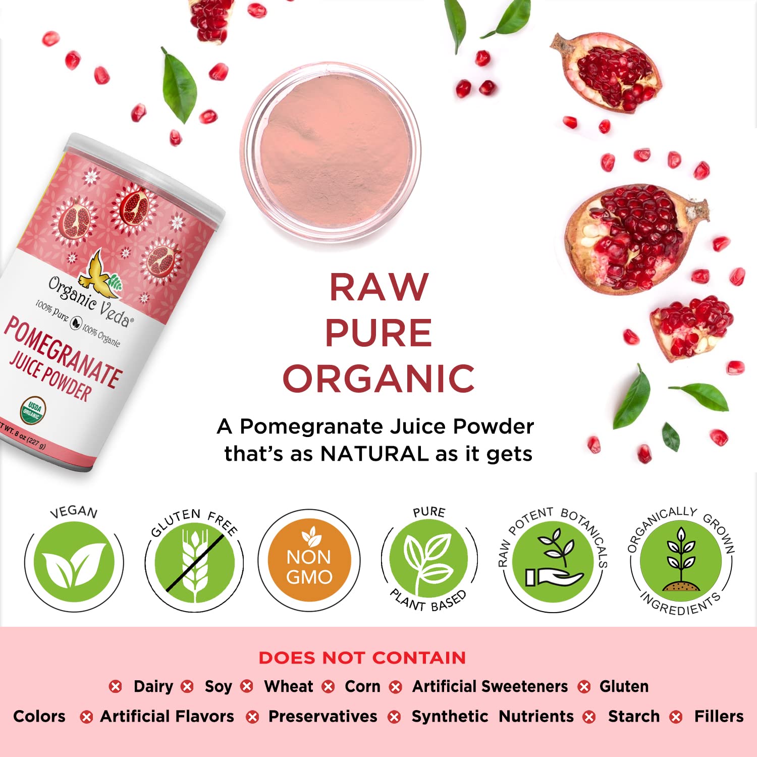 Organic Veda Pomegranate Juice Powder - Powdered Pomegranate Extract Rich in Vitamin C, Folate & Potassium - Pomegranate Concentrate For Salad, Yogurt, Ice Cream - Vegan, Non-GMO, Zero Gluten- 8oz