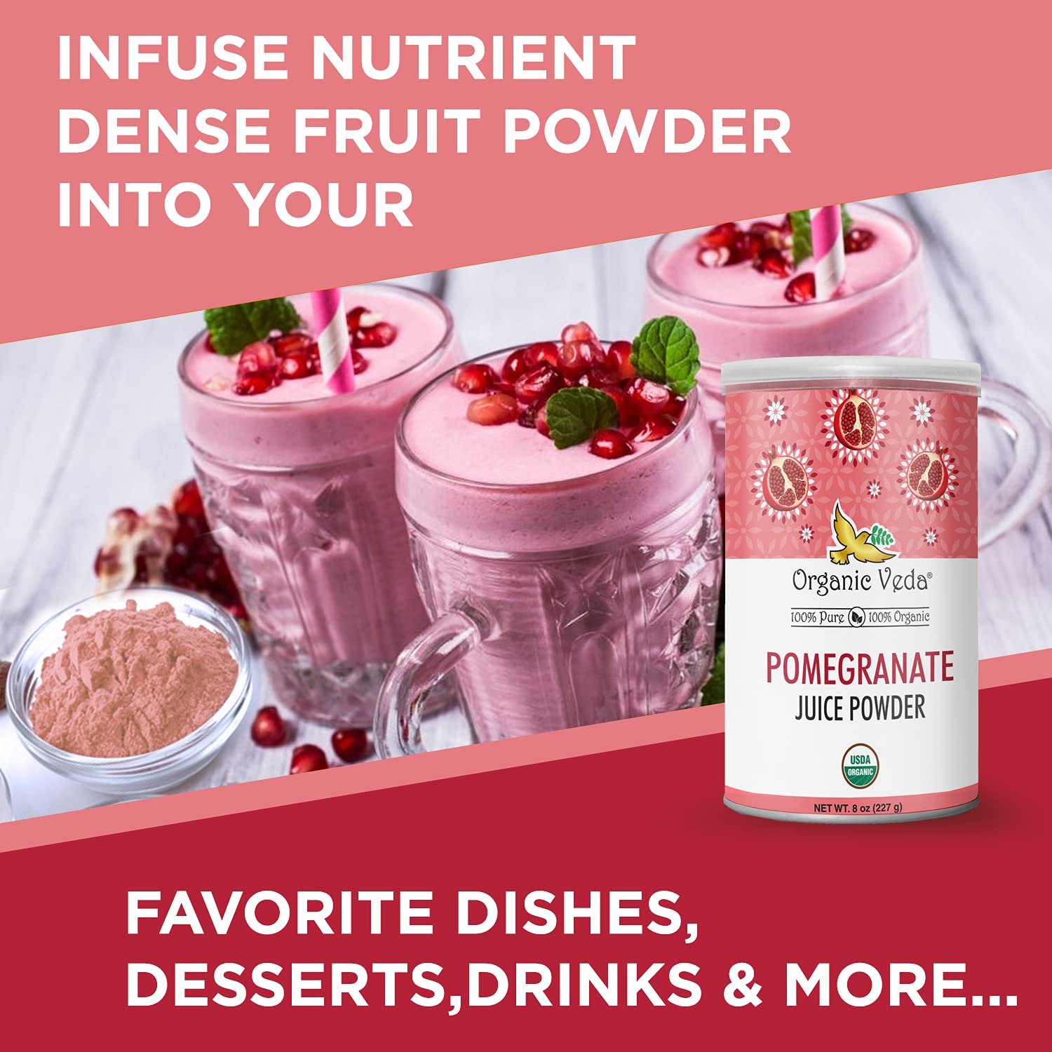 Organic Veda Pomegranate Juice Powder - Powdered Pomegranate Extract Rich in Vitamin C, Folate & Potassium - Pomegranate Concentrate For Salad, Yogurt, Ice Cream - Vegan, Non-GMO, Zero Gluten- 8oz