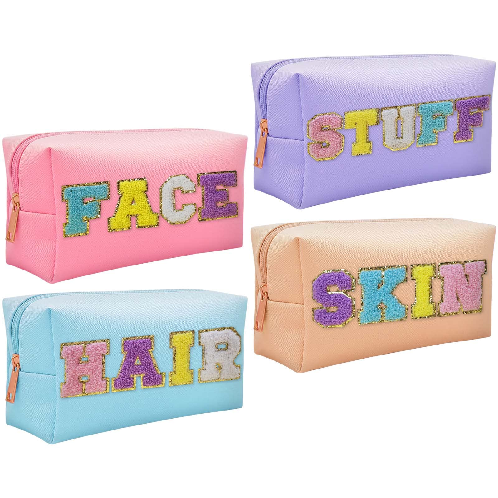 boutikpro 4PCS Premium Preppy Makeup Bag Set, Cute PU Travel Toiletry Bag for Women, Waterproof Preppy Patch Cosmetic Organizer Bag for Traveling Outdoors, Gift Ideal for Christmas Thanksgiving