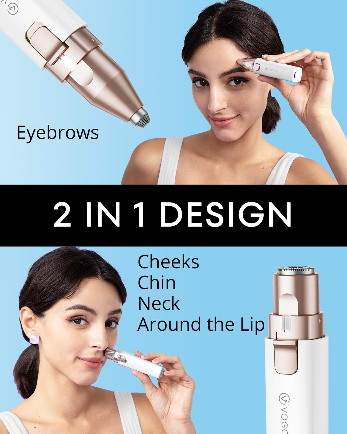 VOGCREST Hair Trimmer, 2 in 1 Facial Hair Remover & Eyebrow Trimmer for Women - Rechargeable, Portable, LED Light (White)