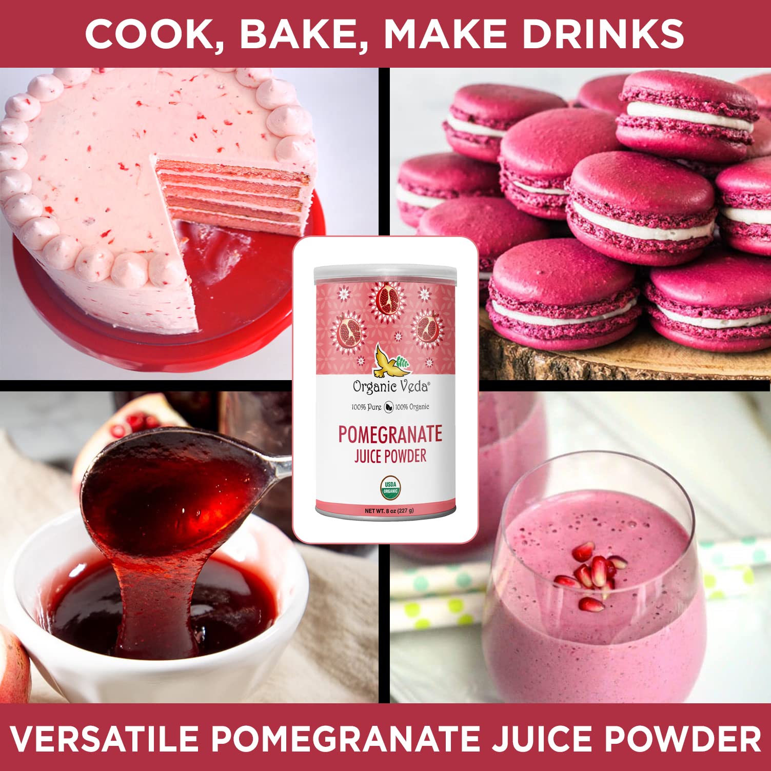 Organic Veda Pomegranate Juice Powder - Powdered Pomegranate Extract Rich in Vitamin C, Folate & Potassium - Pomegranate Concentrate For Salad, Yogurt, Ice Cream - Vegan, Non-GMO, Zero Gluten- 8oz