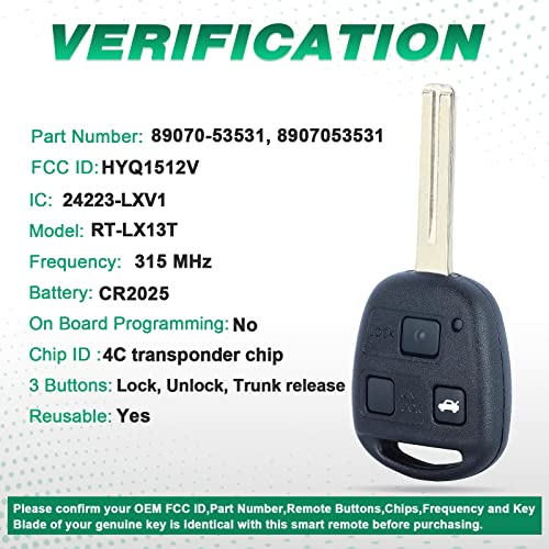 Beefunny Replacement Remote Car Key Fob 4C Chip for Lexus ES300 GS300 IS300 1998-2005 HYQ1512V Short BladeĀ (1)