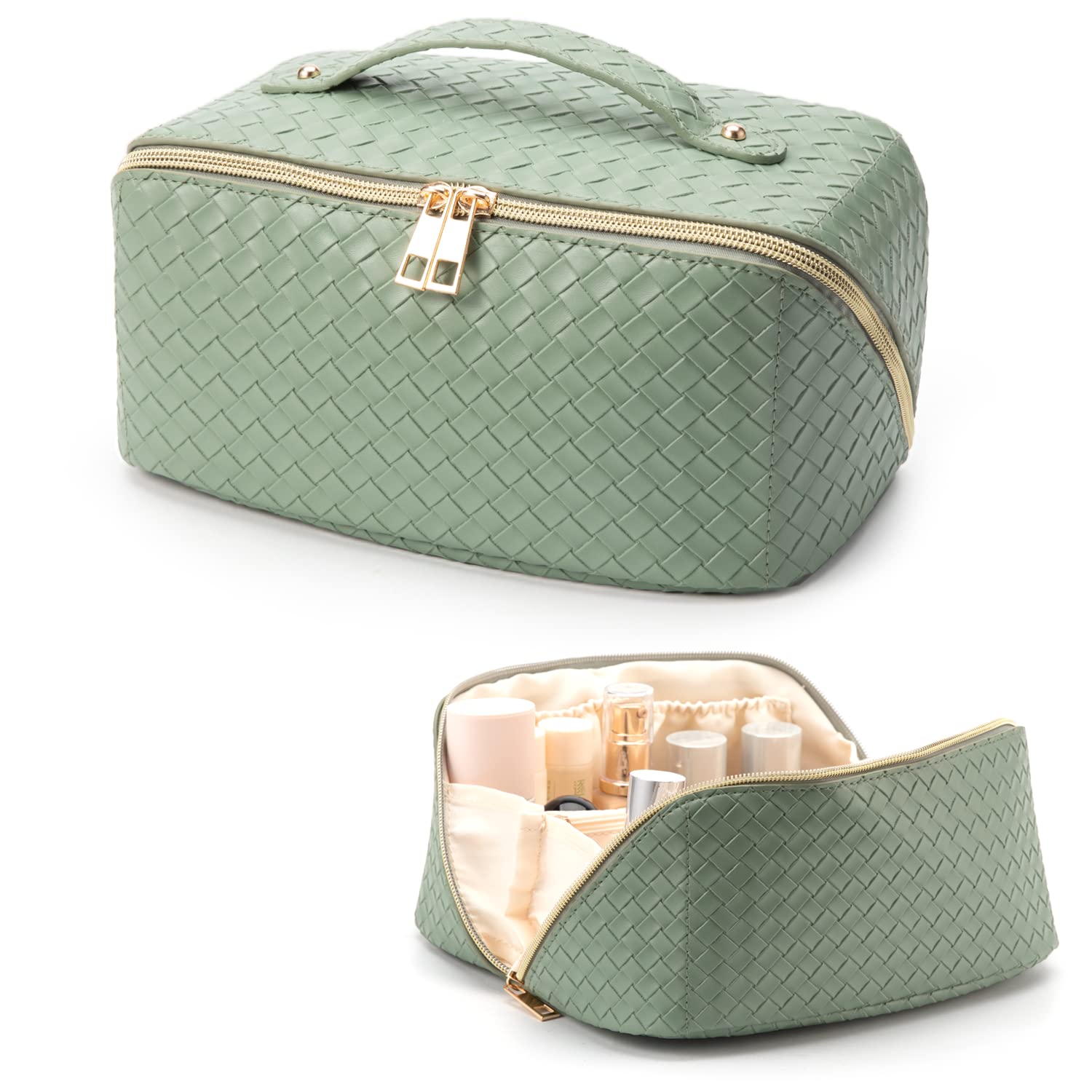 BYKASIST Travel Makeup Bag Large Capacity Cosmetic Bags for Women Portable Makeup Bag Opens Flat for Easy Access Travel Toiletry Bag Leather Waterproof Women Travel Cosmetic Bag Organizer, Green