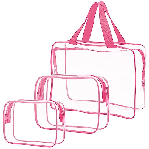Veki 3Pcs Set Crystal Clear Toiletry Bag TSA Approved Makeup Bag Quart Size Cosmetic Bag Waterproof Travel Bags for Women Men Portable Carry on Airport Airline Compliant Bag (Rose Red)