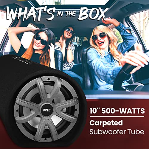 10-Inch Carpeted Subwoofer Tube Speaker - 500 Watt High Powered Car Audio Sub Bass Enclosure System with 2β Aluminum Voice Coil, 4 Ohm, Rear Vented Design - PLTB101