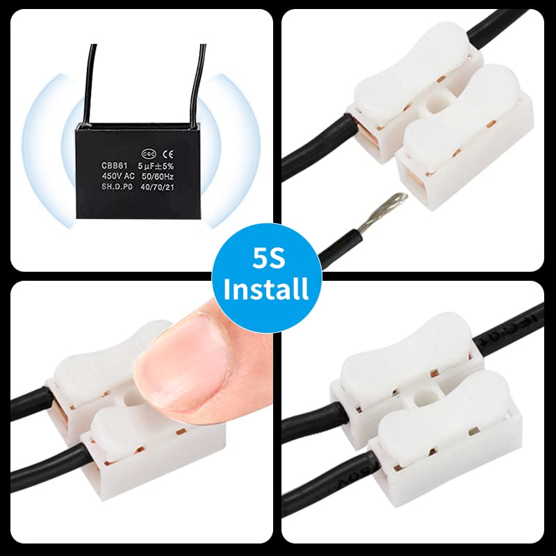 2Pcs 5UF 450V AC CBB61 Ceiling Fan Capacitor 2 Wire 50/60Hz