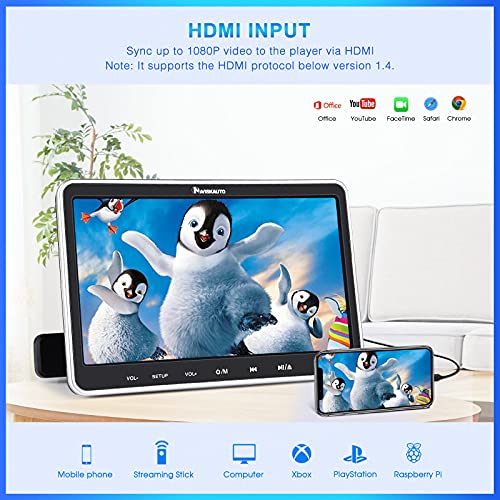 NAVISKAUTO 10.1'' DVD Player for Car with HDMI Input Wall Charger Headphone, Car DVD Player with Headrest Mount Support 1080P Video, MP4, USB/SD Card, AV in & AV Out, Region Free, Last Memory