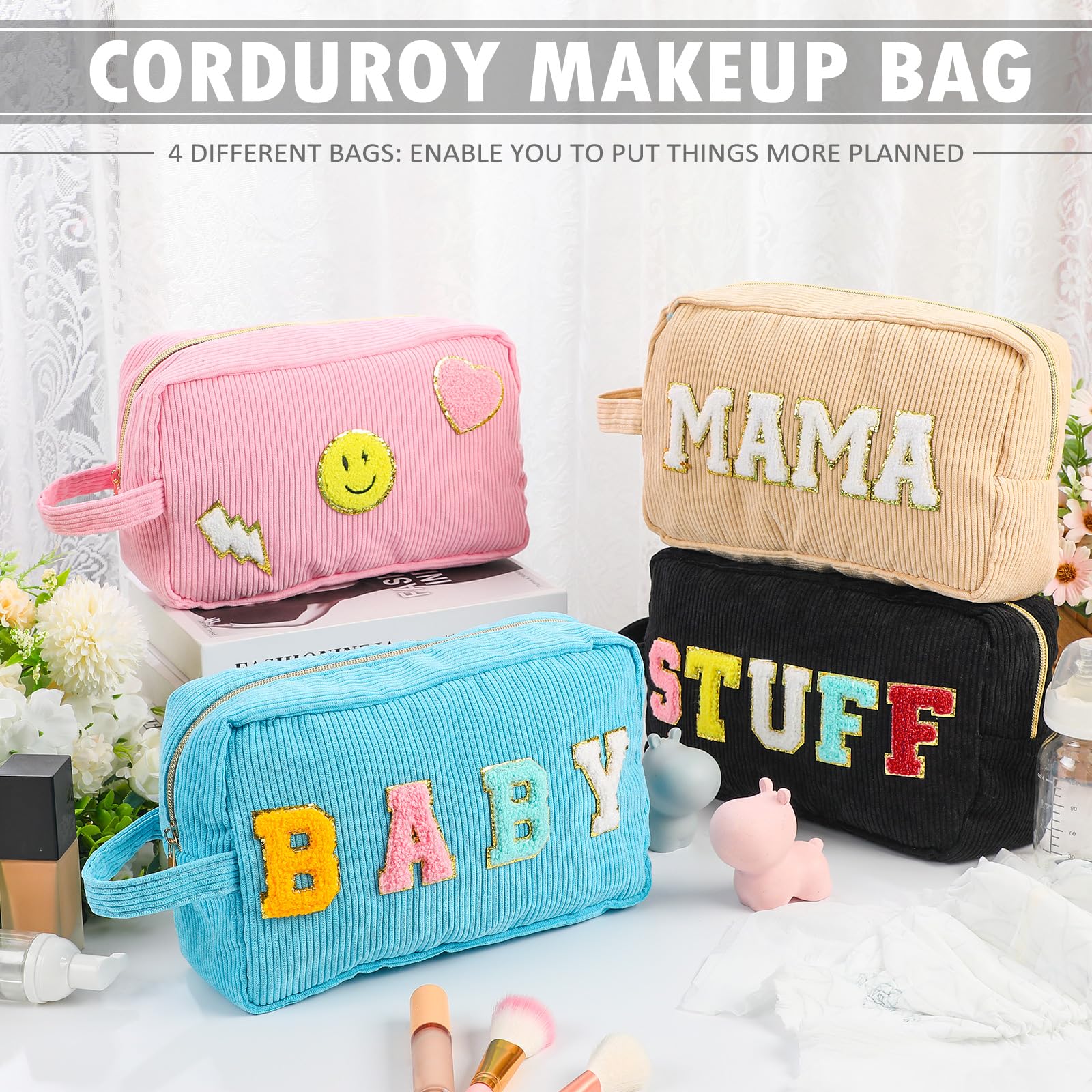 Pinkunn 4 Pcs Preppy Corduroy Makeup Bags Christmas Gift Chenille Patch Cosmetic Bag Mama Stuff Pouch Portable Stuff Travel Zipper Pouch Small Organizer Makeup Bag Set for Women
