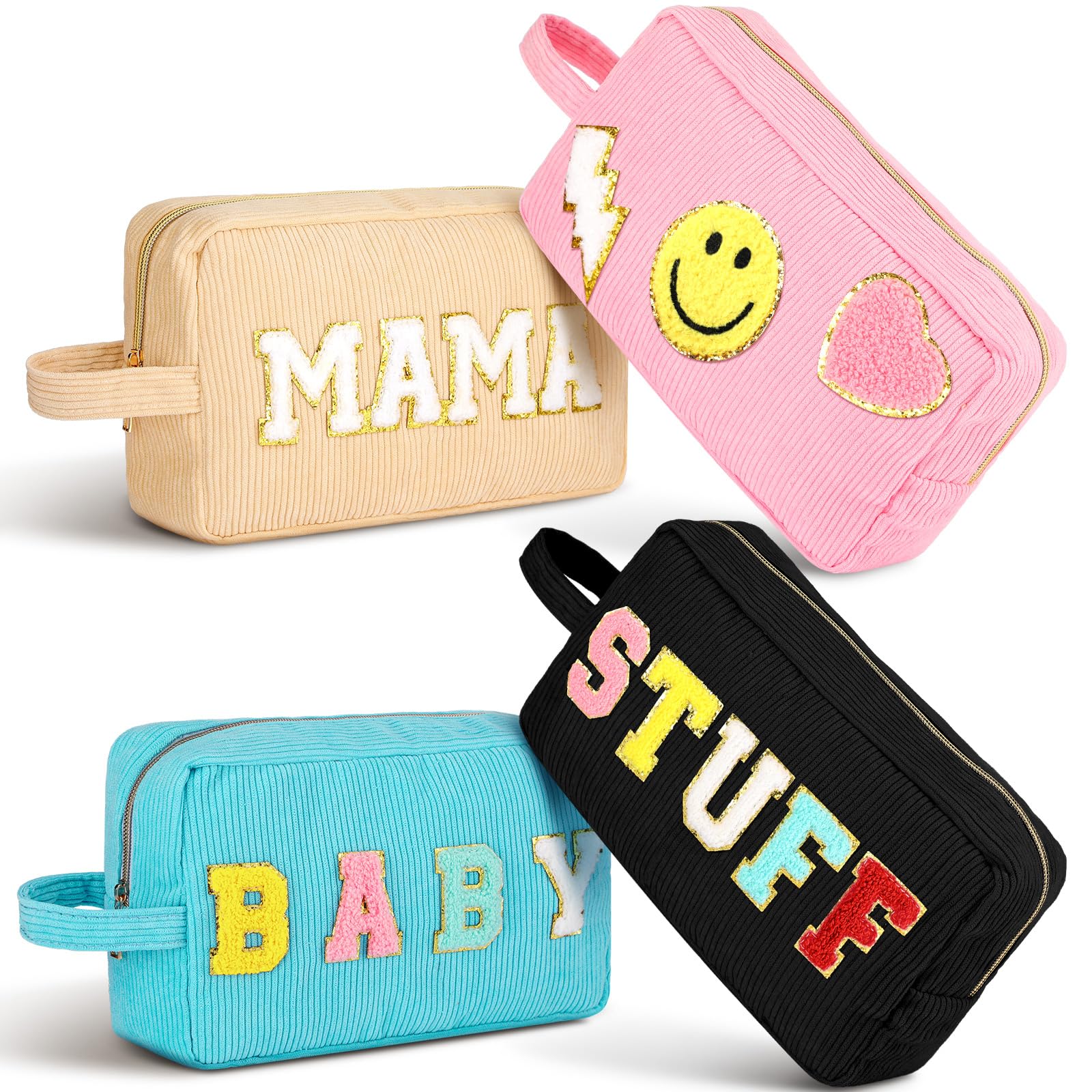 Pinkunn 4 Pcs Preppy Corduroy Makeup Bags Christmas Gift Chenille Patch Cosmetic Bag Mama Stuff Pouch Portable Stuff Travel Zipper Pouch Small Organizer Makeup Bag Set for Women