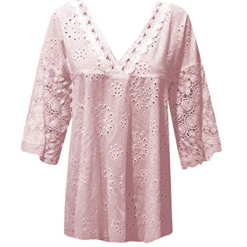 Andongnywell Women's Casual V Neck Tops Hollow Out Loose Cut Out Embroidered Shirt Tunic Blouses Tops (Pink,6,3X-Large)