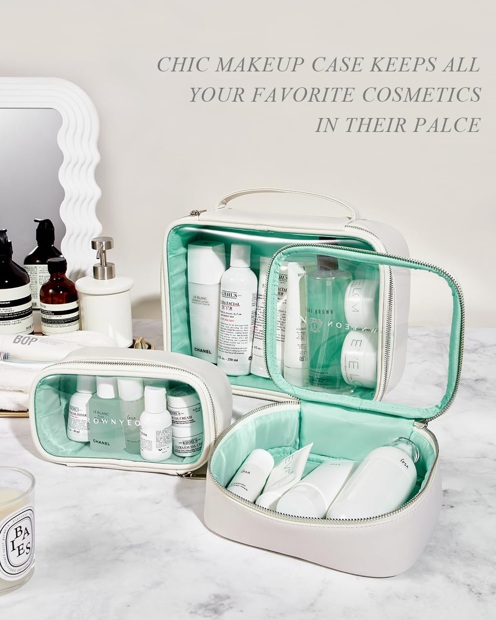 Rownyeon Clear Makeup Case 3 Pcs Transparent Cosmetic Bag Set Travel Makeup Train Case Portable Cosmetic Organizer with Handle White