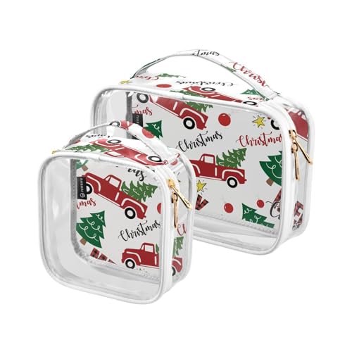 RunningBear Cartoon Christmas Truck Tree Clear Toiletry Bag 2 Pcs Cosmetic Bag Makeup Bag Travel Storage Pouch Set with Handle for Men Women Cosmetics Toiletries Travel Accessories