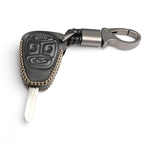 WFMJ Leather for 2006 2007 Jeep Grand Cherokee Dodge Chrysler Magnum Durango Charger 300 Remote 4 Buttons Key Case Holder Cover Fob Chain (Black)