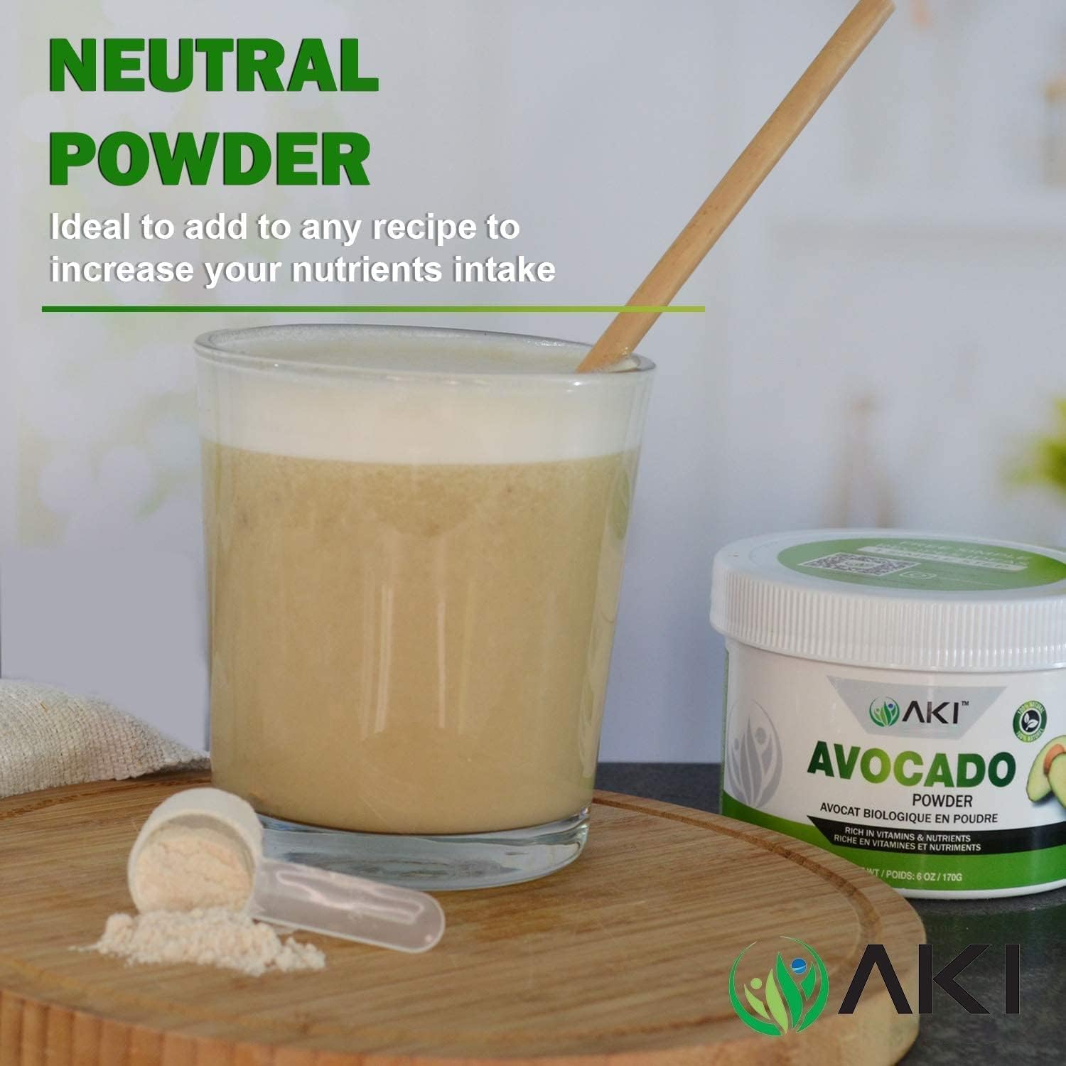 AKI Avocado Superfood Powder (6oz/170g) - Rich in Nutrients, Vitamins, Omega 3 & Antioxidants - Ideal for Smoothies, Yogurt or Milkshake Popsicles - Vegan & Non-GMO