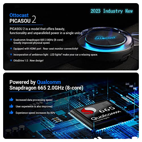OTTOCAST PICASOU 2 CarPlay AI Box Stream Video, 2023 Newest Carplay & Android Auto Wireless Adapter - 4+64GB Android 10; Google Play YouTube, Netflix, Waze; HD HDMI Output, Support 4G Network, TF Card