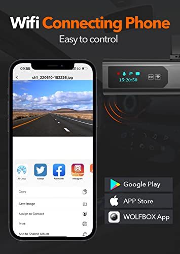 WOLFBOX 2.5K Dash Cam WiFi, 1600P Dash Camera for Cars, Full HD i03 Car Camera Front, Dashcam with Loop Recording, APP Control, Night Vision, 24 Hours Parking Monitor, Support 64GB Max