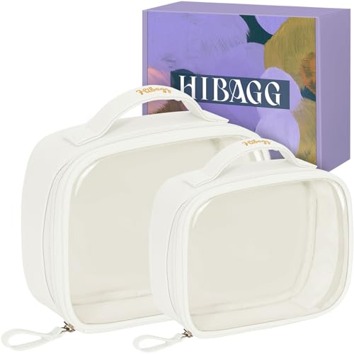 Hibagg Travel Toiletry Bags TSA Approved, 2PCS Clear Makeup Bags Set, Cosmetics Organizer Wide Open, Carry On Travel Essentials for Women Men with Gift Box, White
