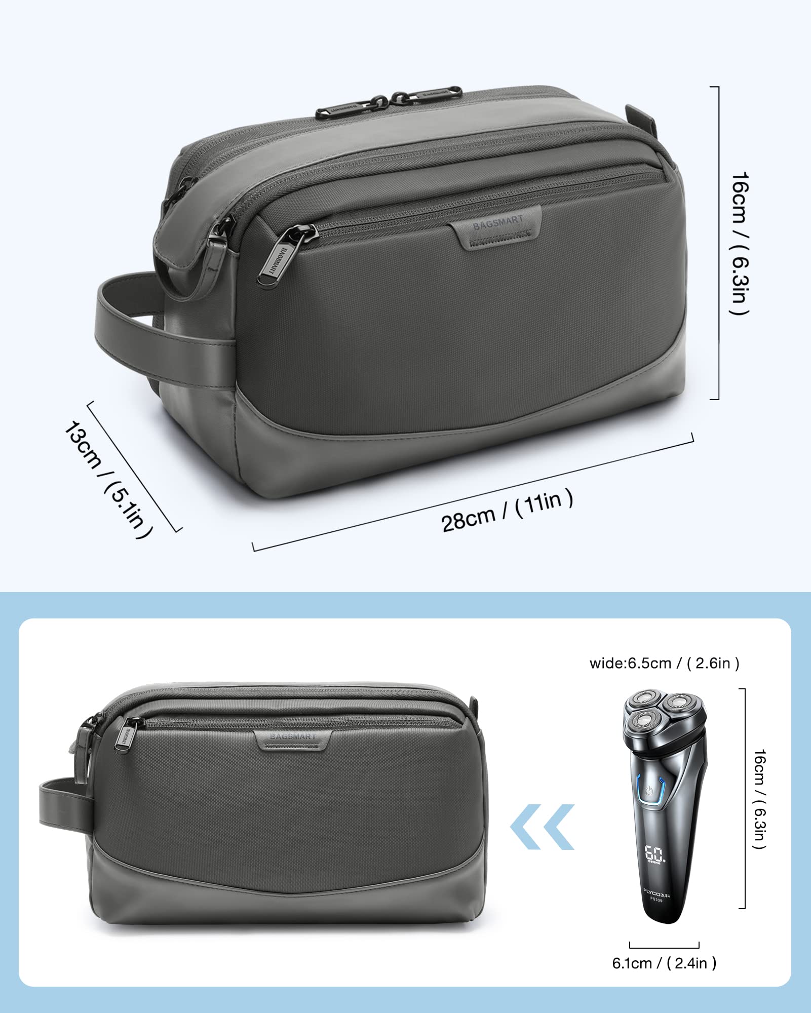 BAGSMART Toiletry Bag for Men, Large Travel Toiletry Organizer, Dopp Kit Water-resistant Shaving Bag for Toiletries Accessories - Grey