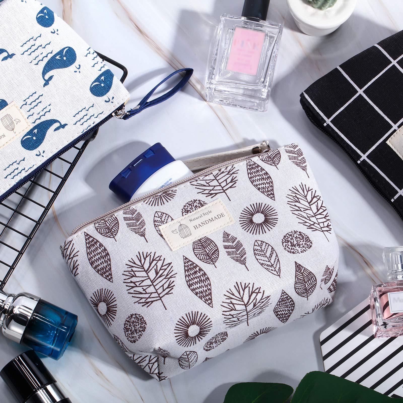 Boao 6 Pieces Canvas Cosmetic Bags Pouches for Purse with Zipper Printed Makeup Bag Multi Function Canvas Travel Pouch Organizer Pouch for Women Vacation Travel, 6 Styles(Grid Style)