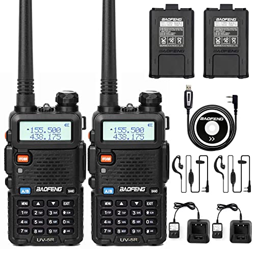BAOFENG UV5R Radio, Handheld Ham Radio Long Range, Rechargeable Two Way Radios, Portable Walkie Talkies for Adults with Earpiece, Dual Band Programmable Radio with Programming Cable(2 Pack)