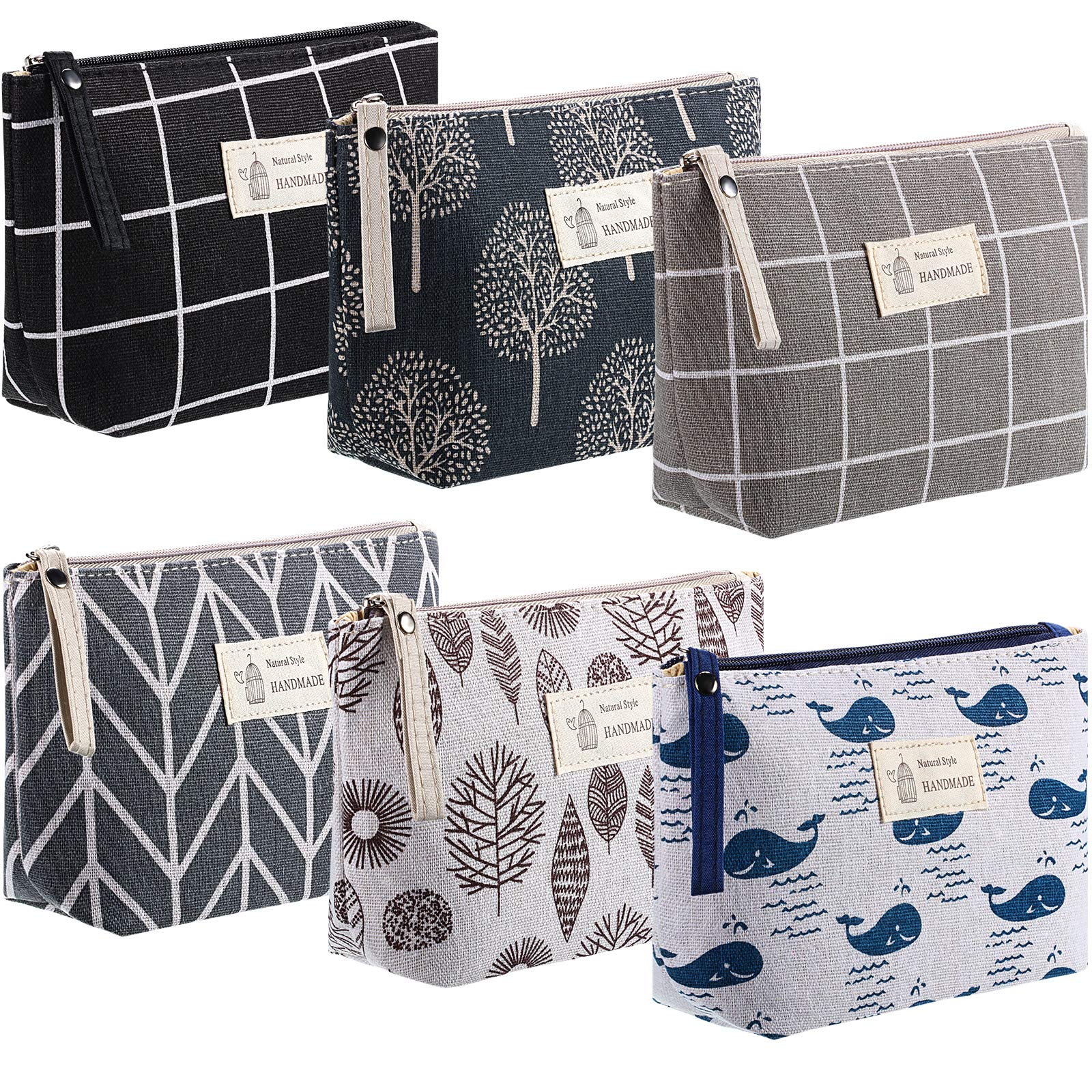 Boao 6 Pieces Canvas Cosmetic Bags Pouches for Purse with Zipper Printed Makeup Bag Multi Function Canvas Travel Pouch Organizer Pouch for Women Vacation Travel, 6 Styles(Grid Style)