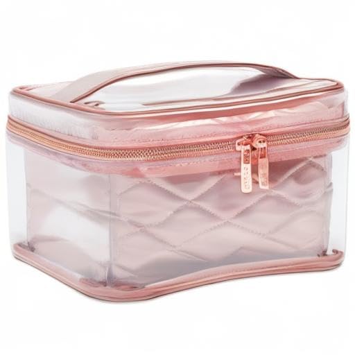 Conair Travel Makeup Bag, Large Toiletry and Cosmetic Bag, Perfect Size for Use At Home or Travel, Two Piece Train Case Set in Rose Pink Metallic Quilt