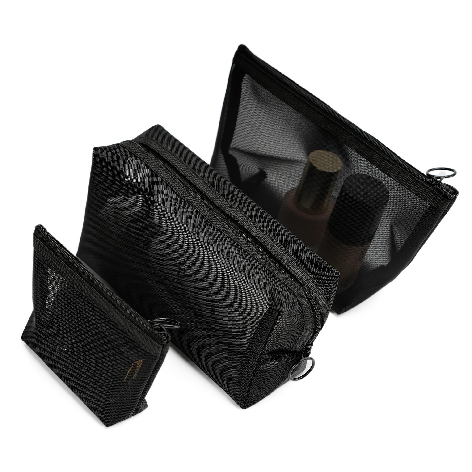 TOPASION Portable Mesh Makeup Bag with Zipper Small Travel Toiletry Bag Lightweight Cosmetic Pouch (Black 3 Piece Set)