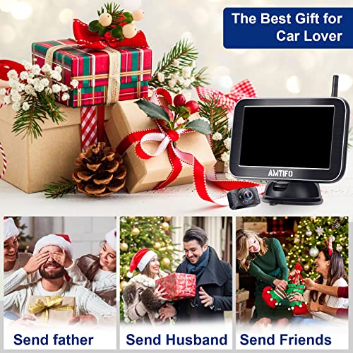 AMTIFO Wireless Backup Camera HD 1080P 5 Inch Split Screen Monitor Digital Stable Signal Car Truck RV Bluetooth License Plate Rear View Cam System 2 Channels Clear Night Vision W3