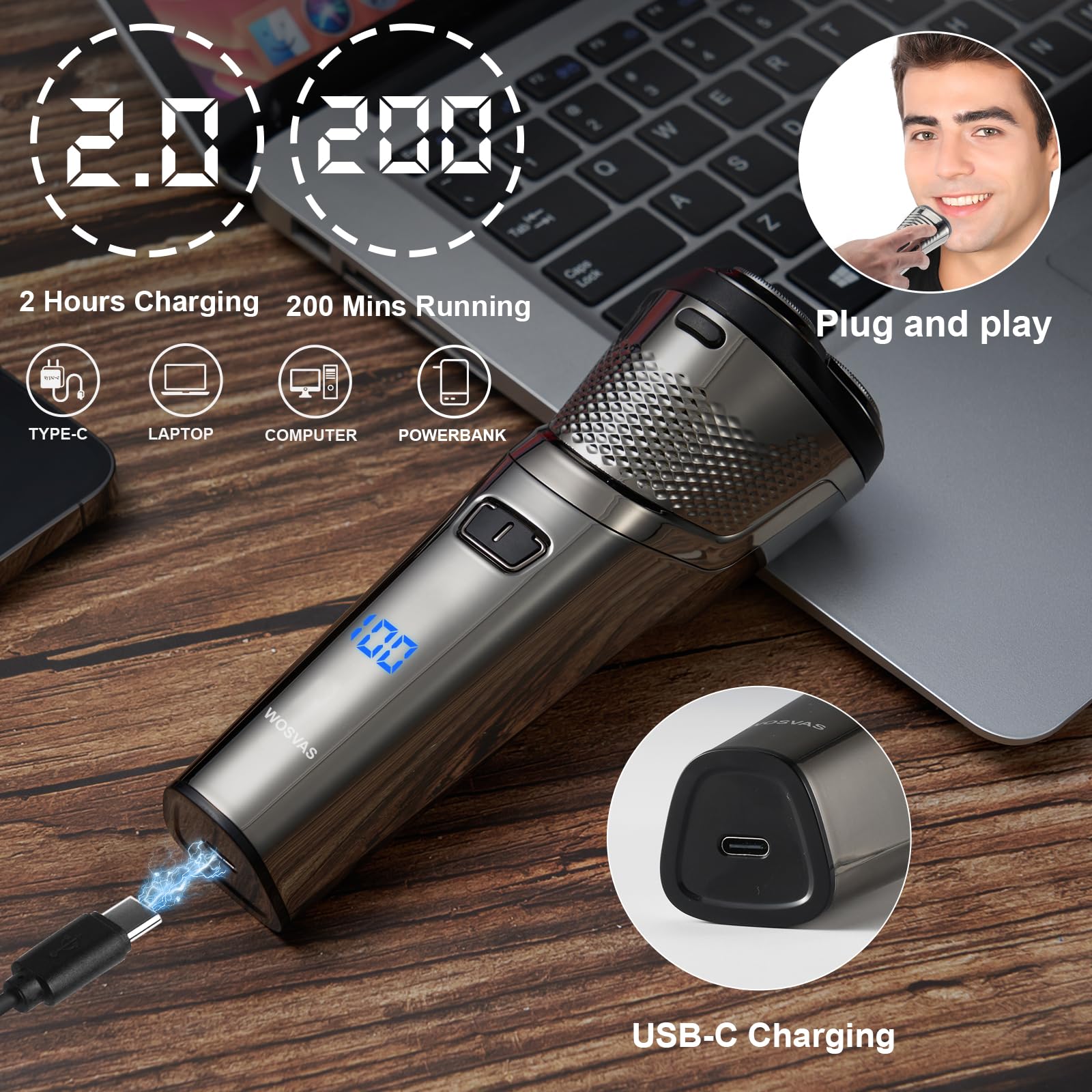 Electric Shavers Electric Razor for Men Face Clean Shave Rechargeable USB C Electric Shaver Cordless Mens Electric Razors for Shaving Face Dry Wet Rotary Shaver LED Display with A Replacement Blade