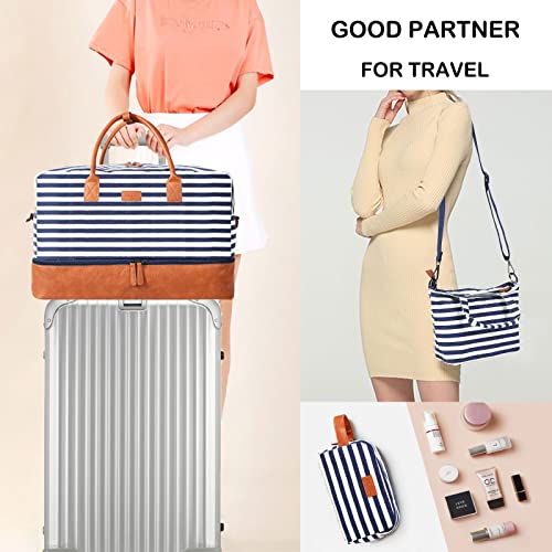Oflamn Weekender Overnight Bag for Women with Shoe Compartment, Travel Duffle Bag Set with Hand Tote Bag & Toiletry Bag (Blue Stripes)