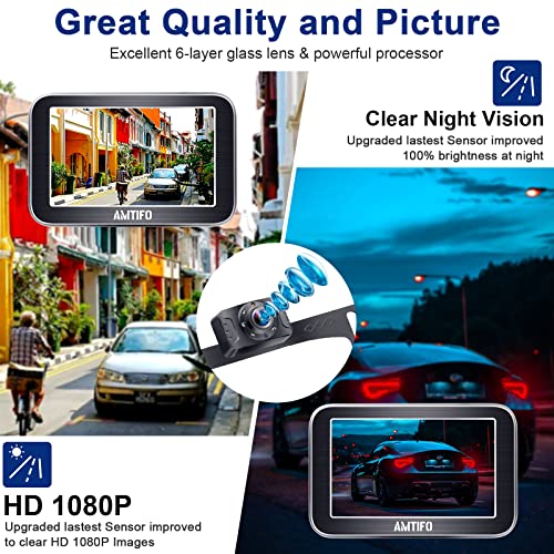 AMTIFO Wireless Backup Camera HD 1080P 5 Inch Split Screen Monitor Digital Stable Signal Car Truck RV Bluetooth License Plate Rear View Cam System 2 Channels Clear Night Vision W3