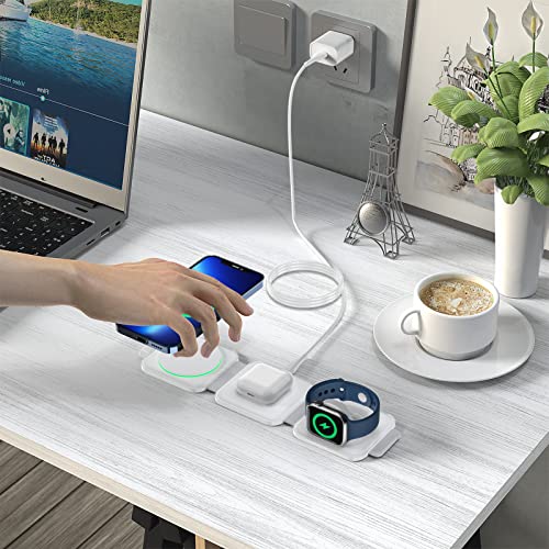 Wireless Charger 3 in 1,Magnetic Wireless Charging Station,Fast Mag-Safe Wireless Charging Pad for iPhone 14/13/12/Pro/Max/Min/Plus,AirPods 2/3/Pro, for Apple Watch(with Adapter)