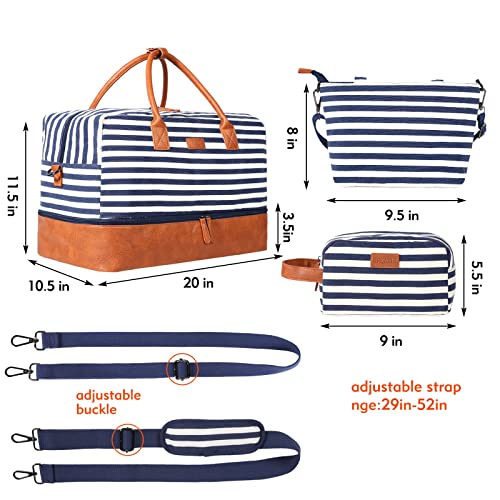 Oflamn Weekender Overnight Bag for Women with Shoe Compartment, Travel Duffle Bag Set with Hand Tote Bag & Toiletry Bag (Blue Stripes)