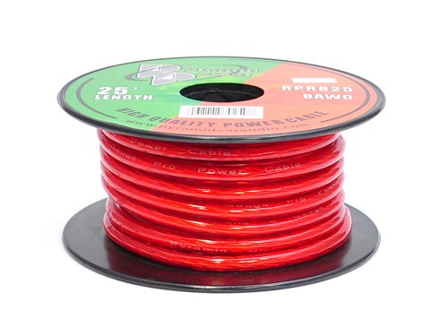 Pyle 8 Gauge Clear Red Power Wire - 25ft. Copper Cable in Spool for Connecting Audio Stereo to Amplifier, Surround Sound System, TV Home Theater and Car Stereo - Pyramid RPR825