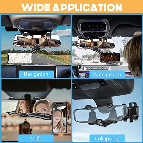 Rearview Mirror Phone Holder for Car,2023 Rotatable and Retractable Car Phone Holder Mount Universal Multifunctional 360° Rear View Mirror Phone Holder Pro Clip Car Mirror Phone Mount for Mobile Phone