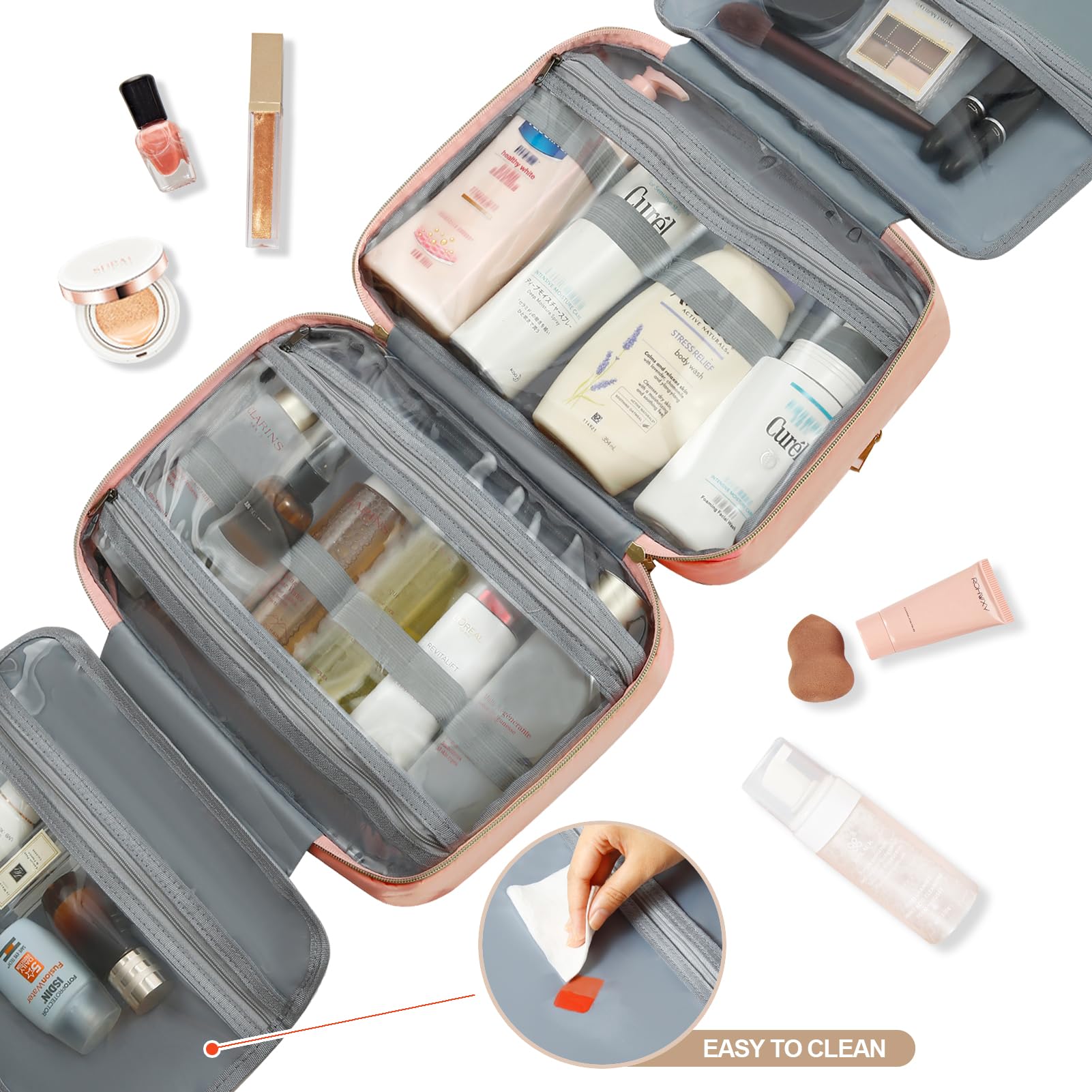 WOOMADA Toiletry Bag with Hanging Hook, Travel Toiletry Bag, Large Travel Makeup Bag Cosmetic Organizer for Brushes Set, Shampoo, Full Sized Container for Women(Black2)