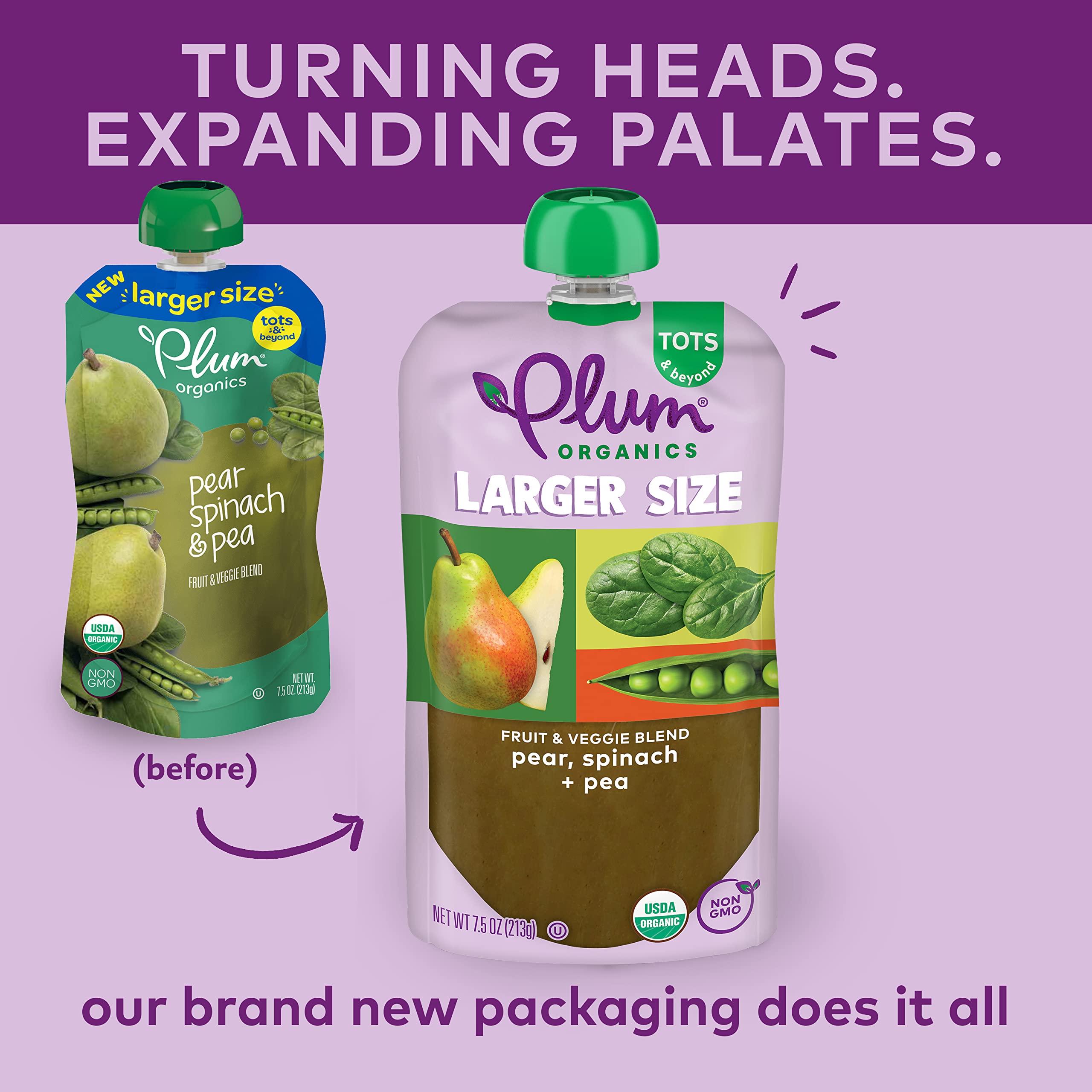 Plum Organics Tots & Beyond Pear Spinach & Pea Fruit & Veggie Blend, Kosher, USDA Certified Organic, Non-GMO, 7.5 Ounce (Pack of 6)