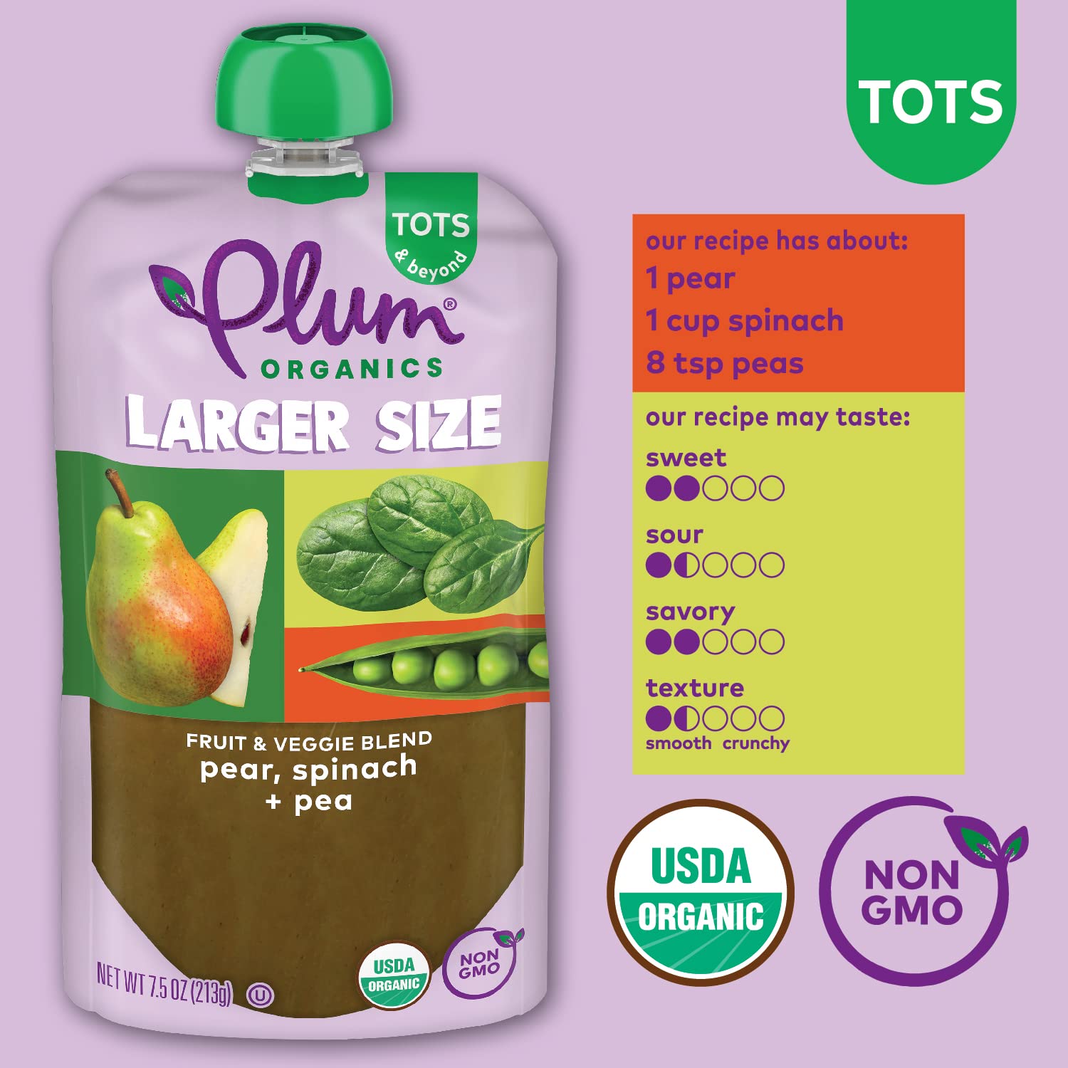 Plum Organics Tots & Beyond Pear Spinach & Pea Fruit & Veggie Blend, Kosher, USDA Certified Organic, Non-GMO, 7.5 Ounce (Pack of 6)