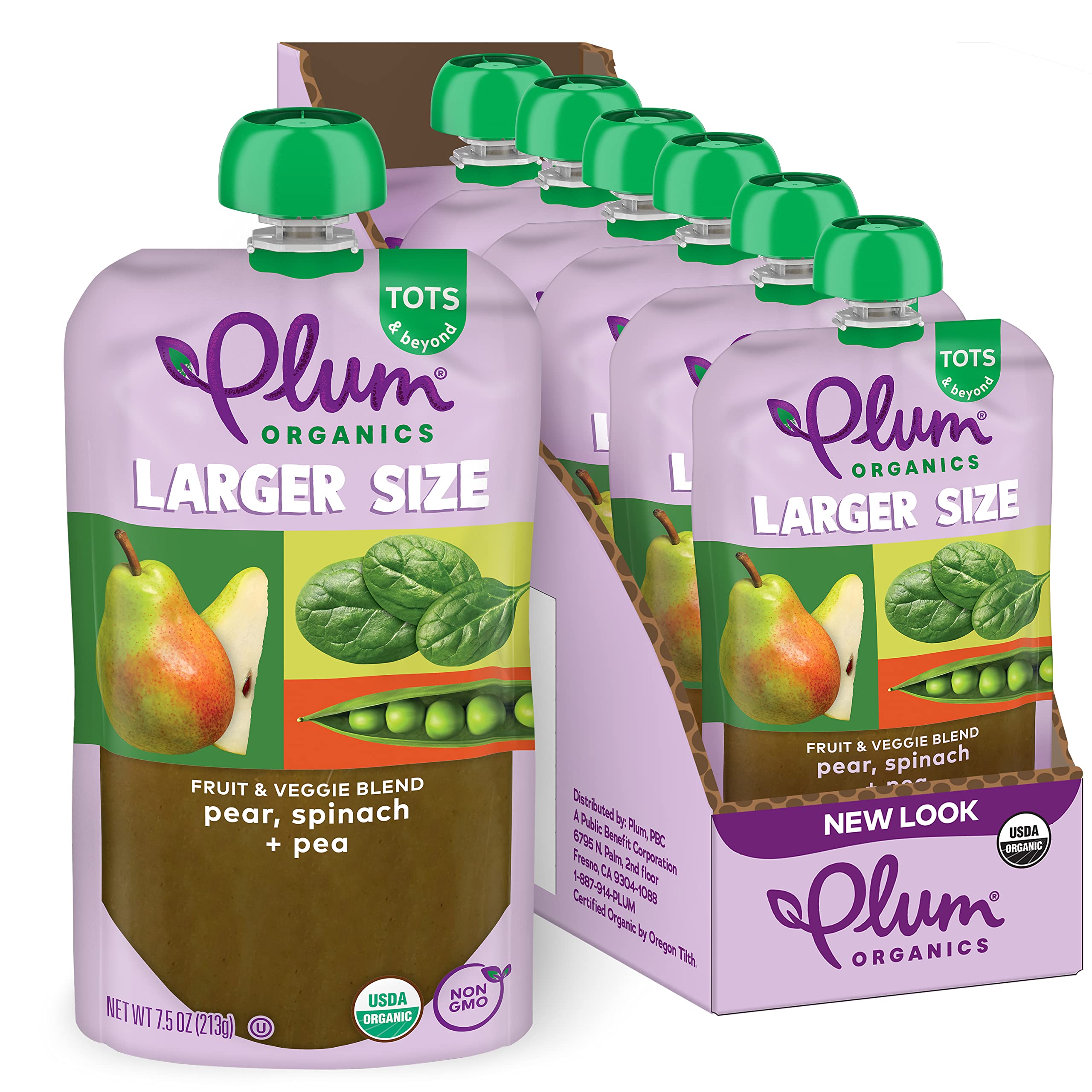 Plum Organics Tots & Beyond Pear Spinach & Pea Fruit & Veggie Blend, Kosher, USDA Certified Organic, Non-GMO, 7.5 Ounce (Pack of 6)