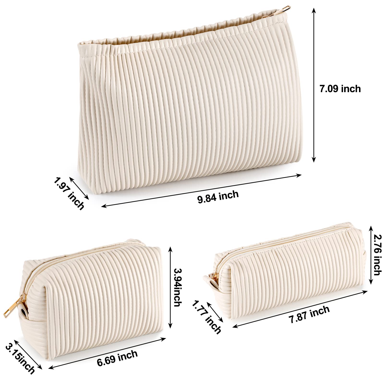 Talltalk 3 Pcs Cosmetic Makeup Bag for Women Portable Travel Toiletry Cosmetic Pouch Cute Bag Accessories Brushes Storage Organizer for Daily Use, 3 Sizes(Pu Leather,Elegant)