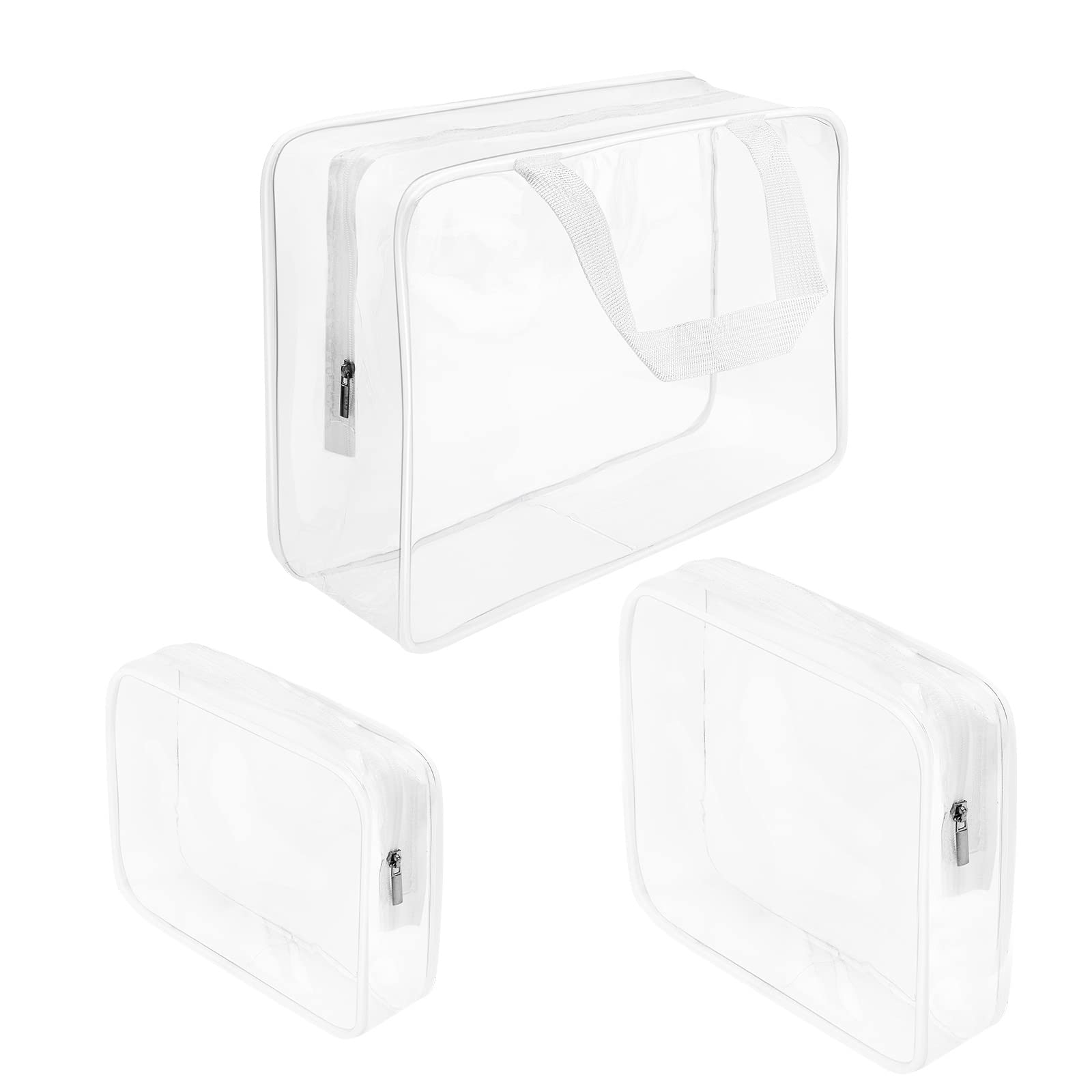 3pcs TSA Approved Clear Toiletry Bag, Crystal Clear Travel Bag PVC Cosmetic Bag, Travel Accessories Clear Makeup Bags Set Carry on Airport Airline Compliant Bag Luggage Pouch with Zipper Handle Women