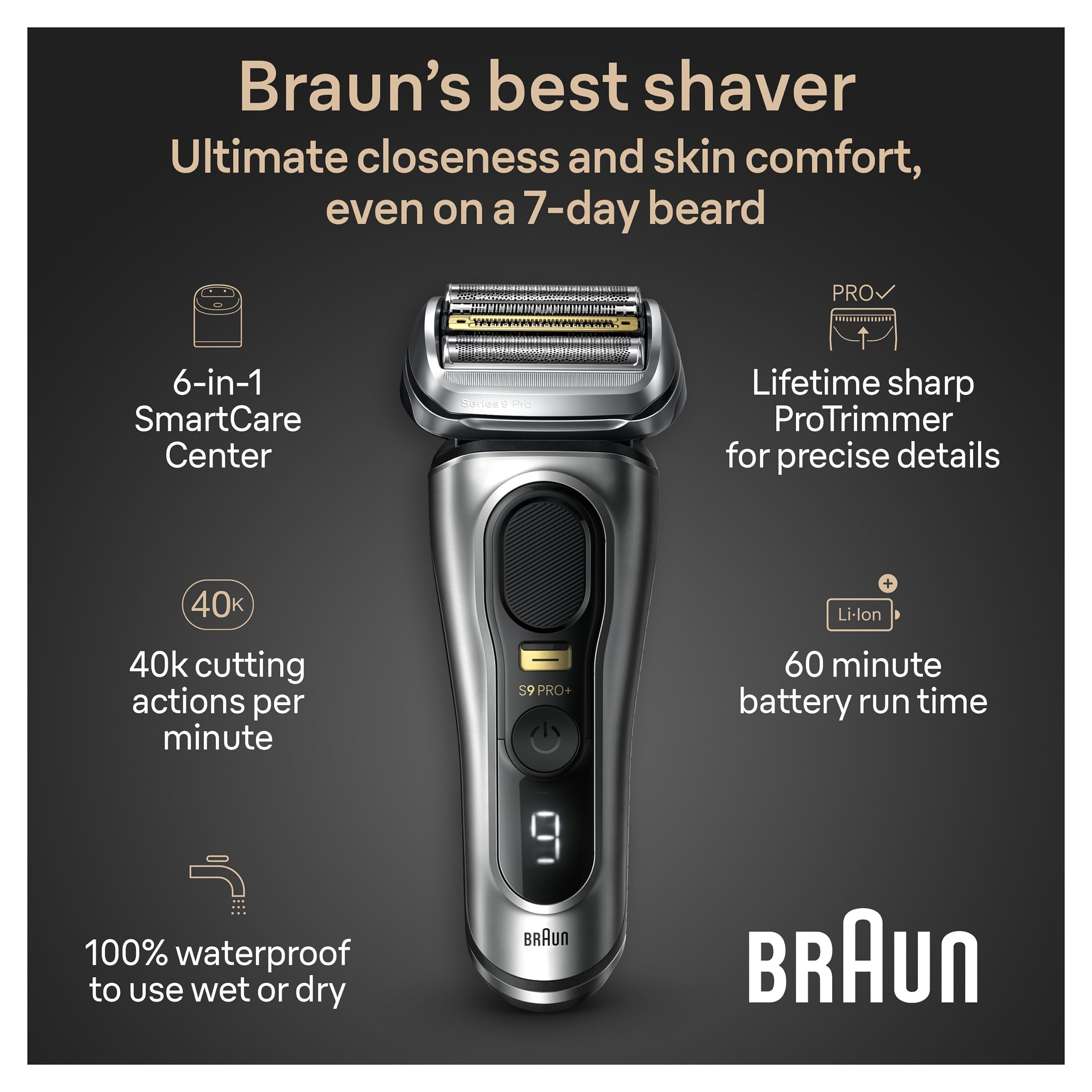 Braun Series 9 PRO+ Electric Razor for Men, 5 Pro Shave Elements & Precision Long Hair Trimmer, 6in1 SmartCare Center, Wet & Dry Electric Razor for Smooth Skin with 60min Battery Runtime, 9567cc