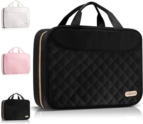 ESMNOAN Travel Toiletry Bag for Women with Hanging Hook,TSA Approved Travel Organizer for Shampoo,Full Sized Container,Makeup Brushes Set,Portable Travel-Size Toiletries Accessories, Black